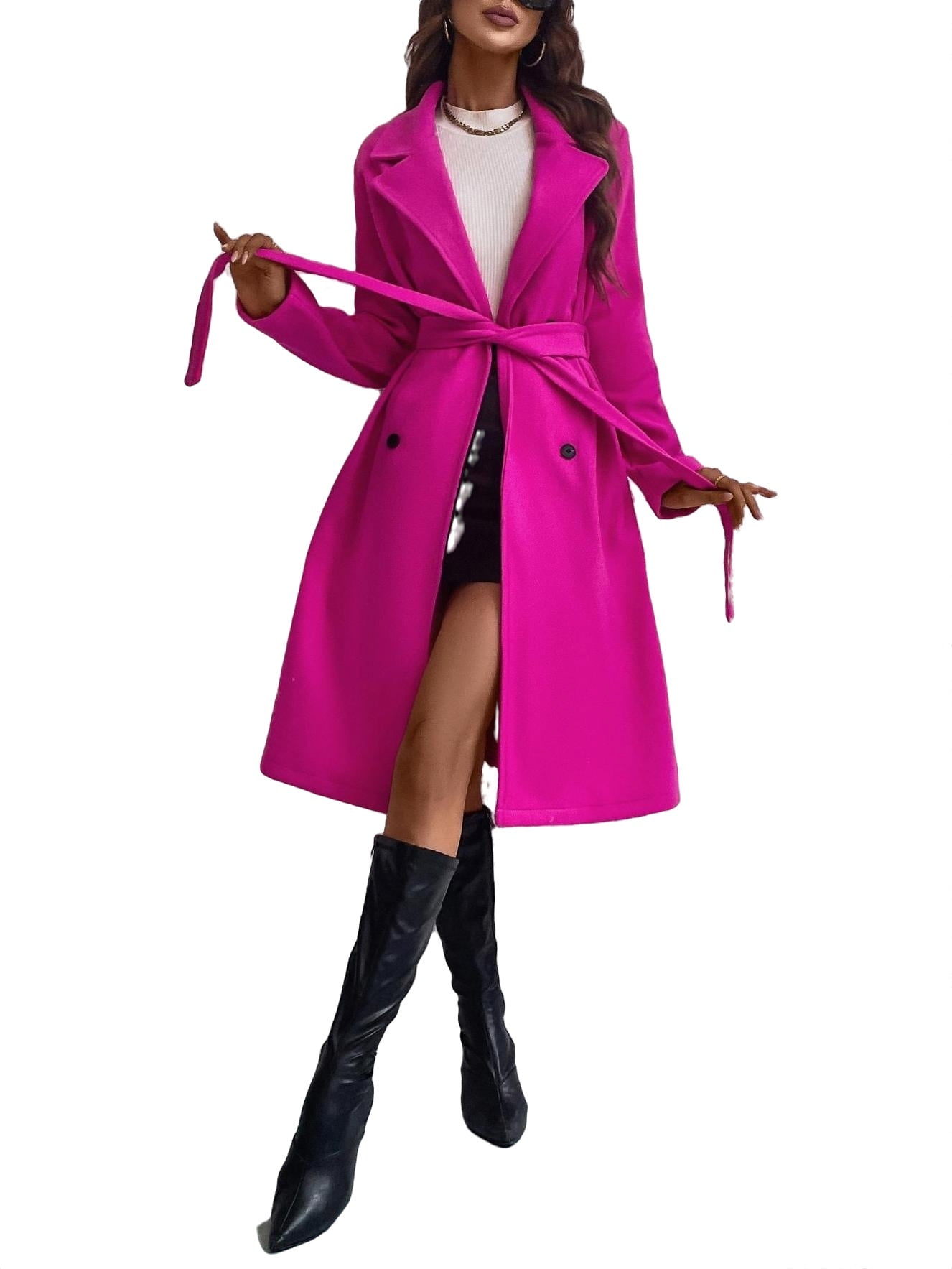 Elegant Plain Lapel Long Sleeve Hot Pink Women's Coats (Women's ...