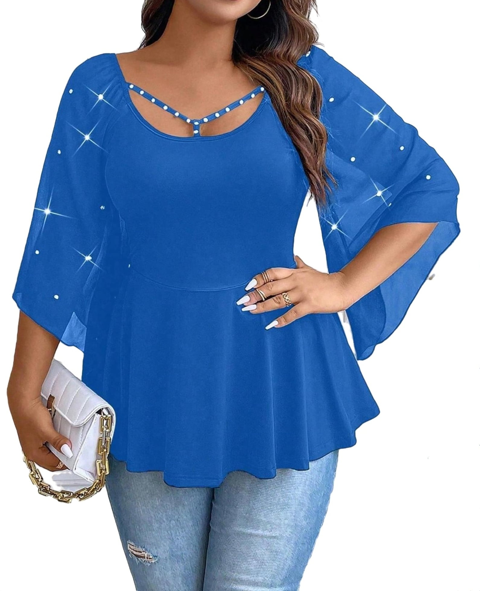 Elegant Plain Scoop Neck 3 4 Sleeve Royal Blue Plus Size Women Tops