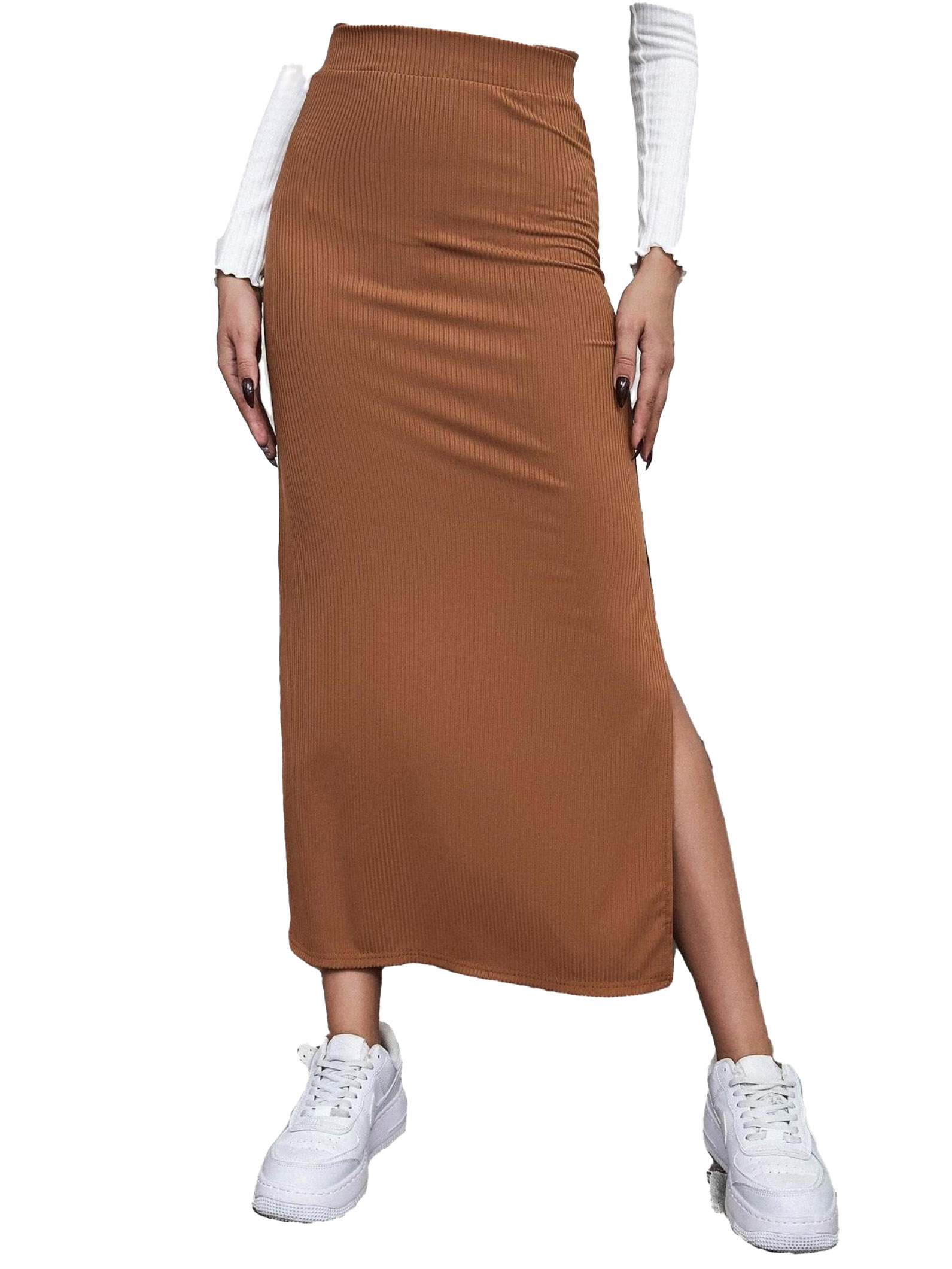 Elegant Plain Slit Skirts Brown Women Skirts - Walmart.com