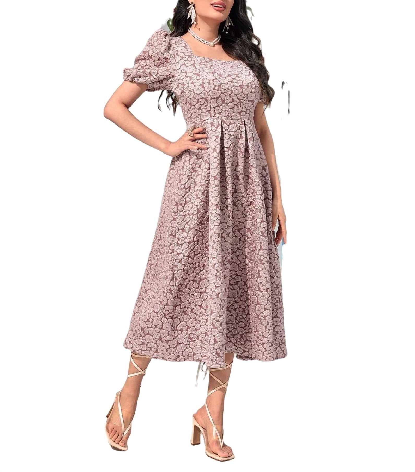 Elegant Plain Square Neck A Line Dress Short Sleeve Dusty Pink Womens ...