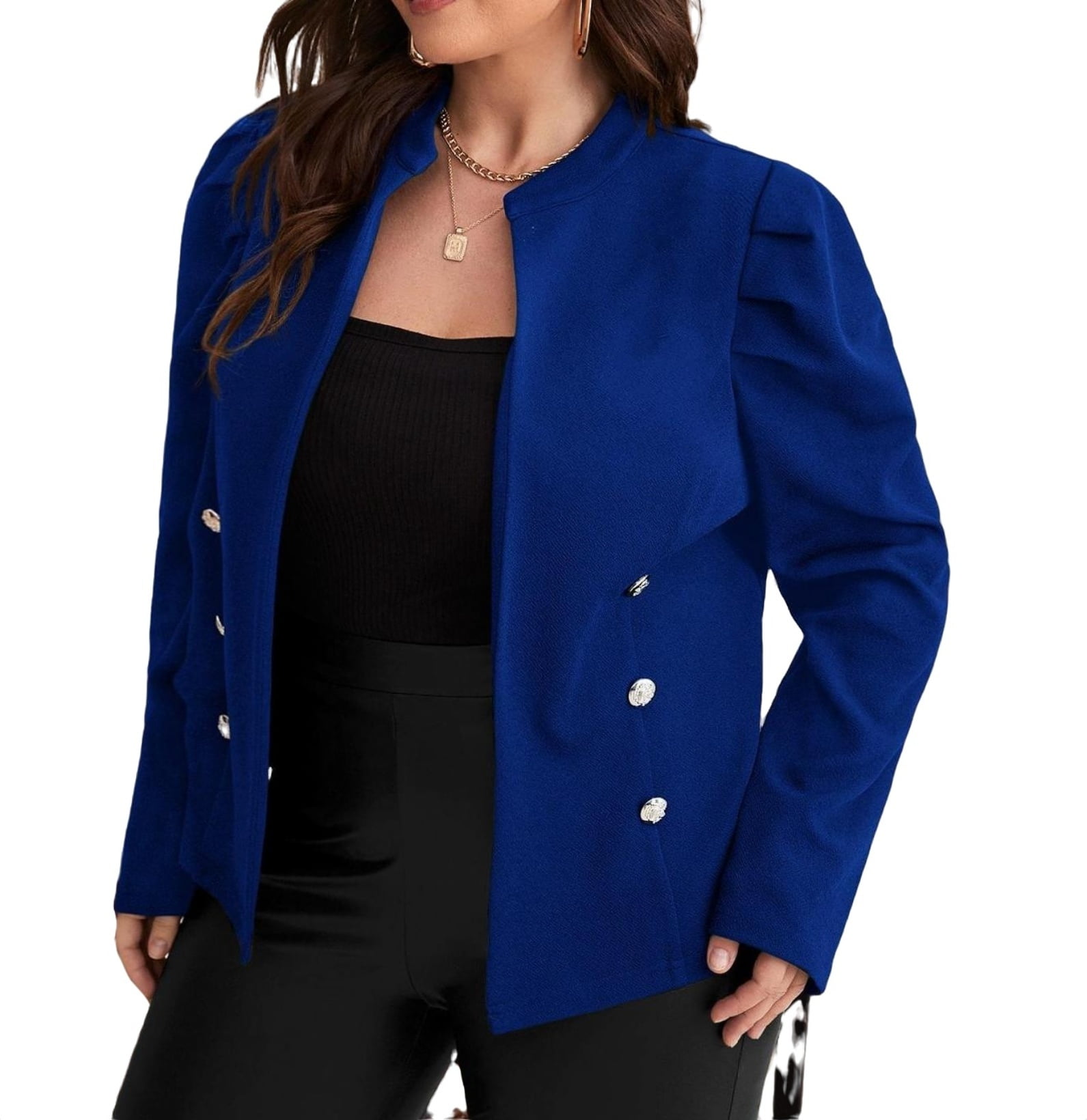Elegant Plain Stand Collar Jacket Long Sleeve Royal Blue Plus Size Jackets Womens