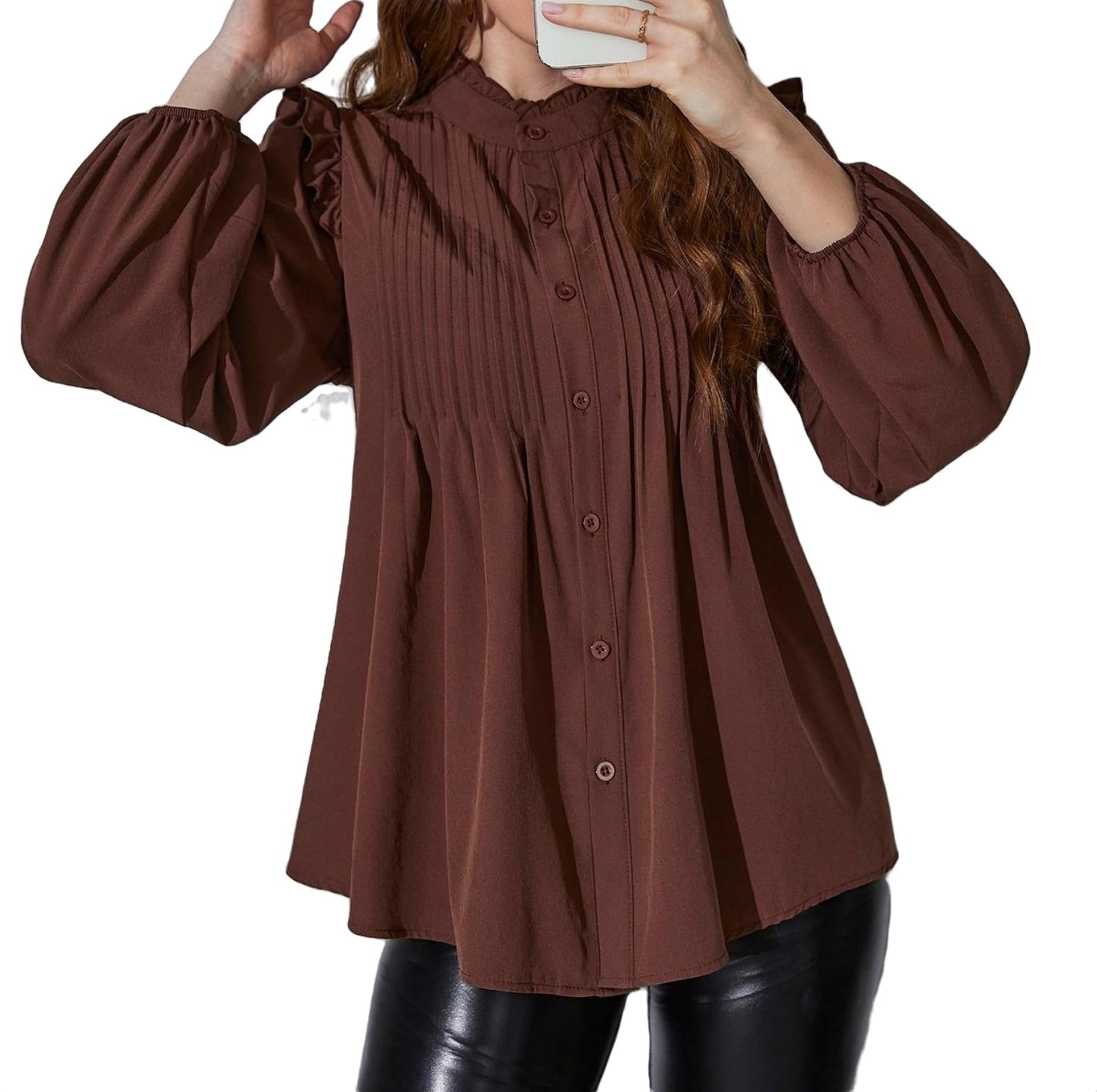 Elegant Plain Stand Collar Top Long Sleeve Chocolate Brown Women Blouses (Women's) - Walmart.com