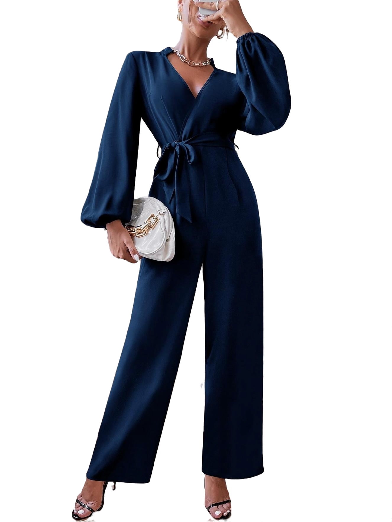 Elegant Plain V Neck Wide Leg Long Sleeve Navy Blue Womens Jumpsuits