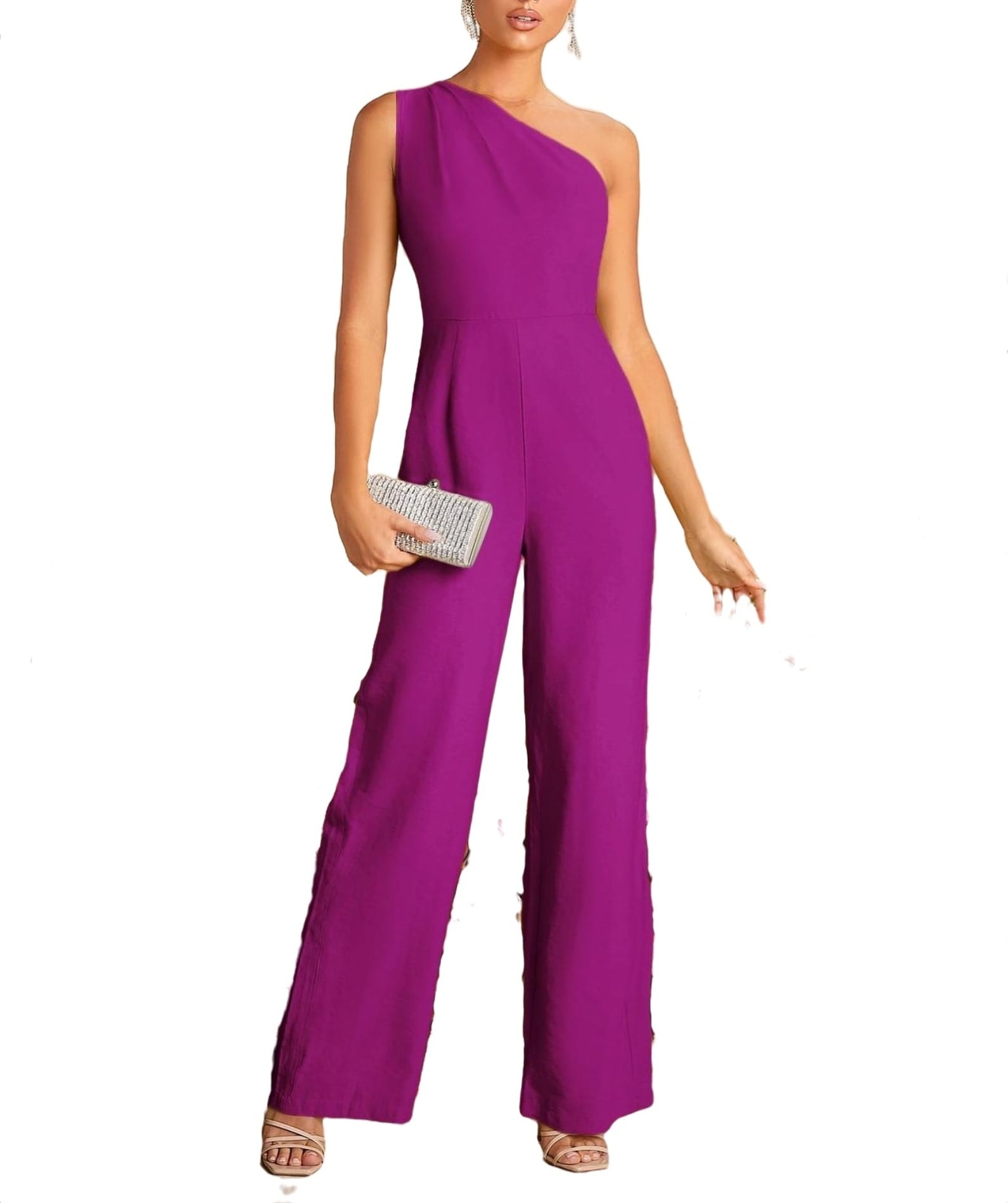 Elegant Plain Wide Leg Asymmetrical Neck Purple Women Jumpsuits ...