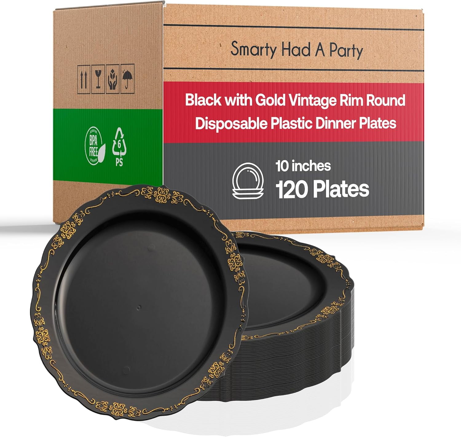 Elegant Plastic Dinner Plates, Disposable Sets - Black & Gold, Party ...