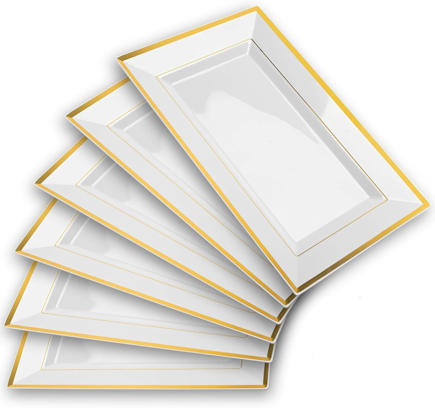 Elegant Plastic Serving Tray & Platter Set (6pk) - White & Gold Rim ...