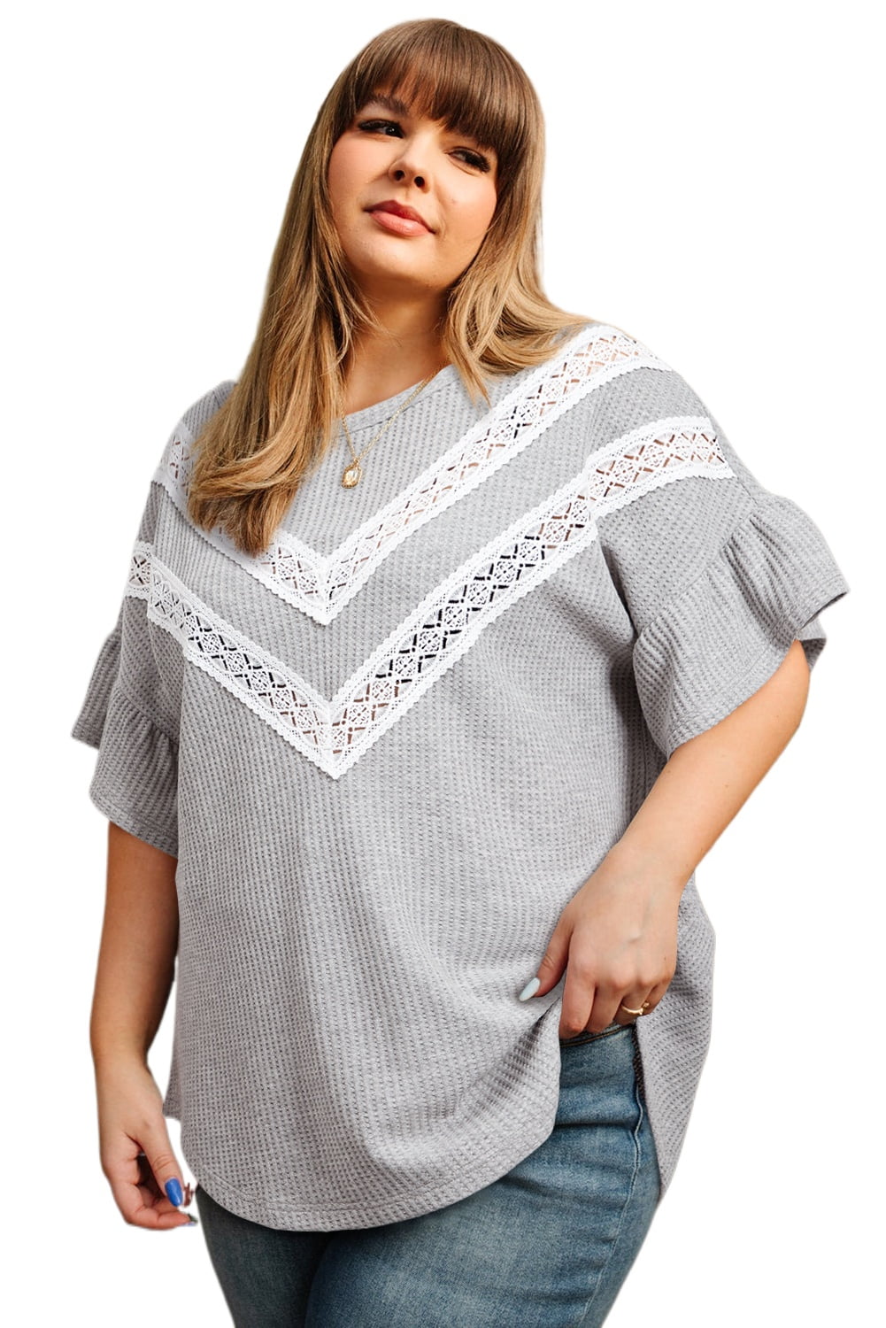 Elegant Plus Size Casual Top - Light Grey Waffle Knit with Lace ...