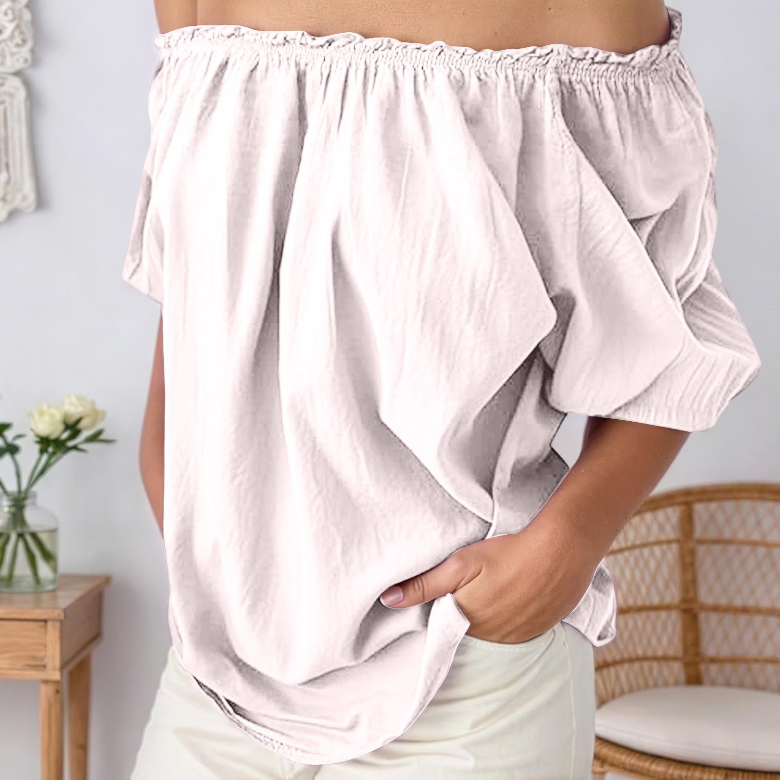 Elegant Plus Size Off Shoulder Linen Tunic Blouse with Ruffle Detail ...