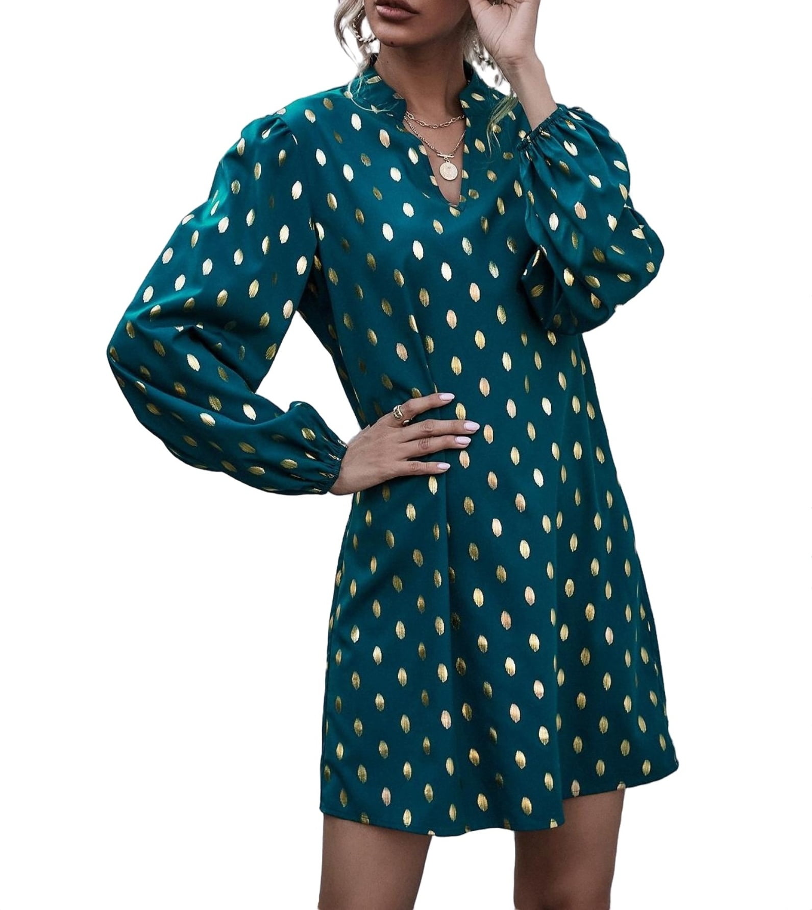 Elegant Polka Dot Notched Neck Tunic Dress Long Sleeve Teal Blue Women ...