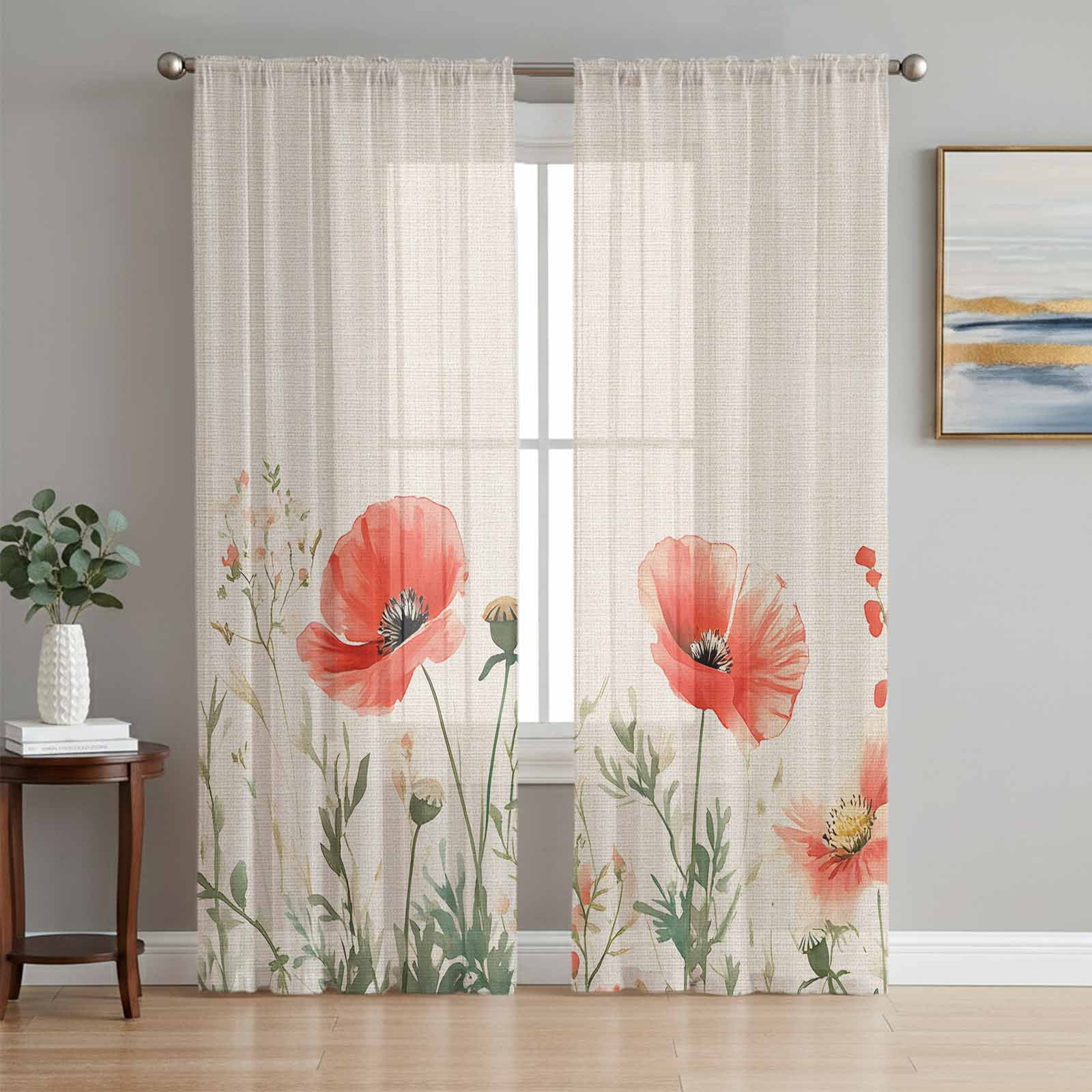 Elegant Poppy Semi Sheer Curtains 72 Inch Length 2 Panels Set, Spring ...