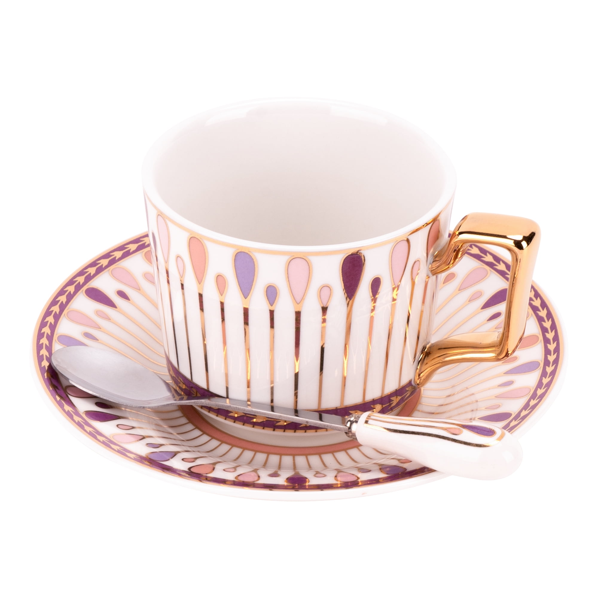 Elegant Porcelain Tea Cup and Saucer Set Gold Trim with Spoon for Women ...