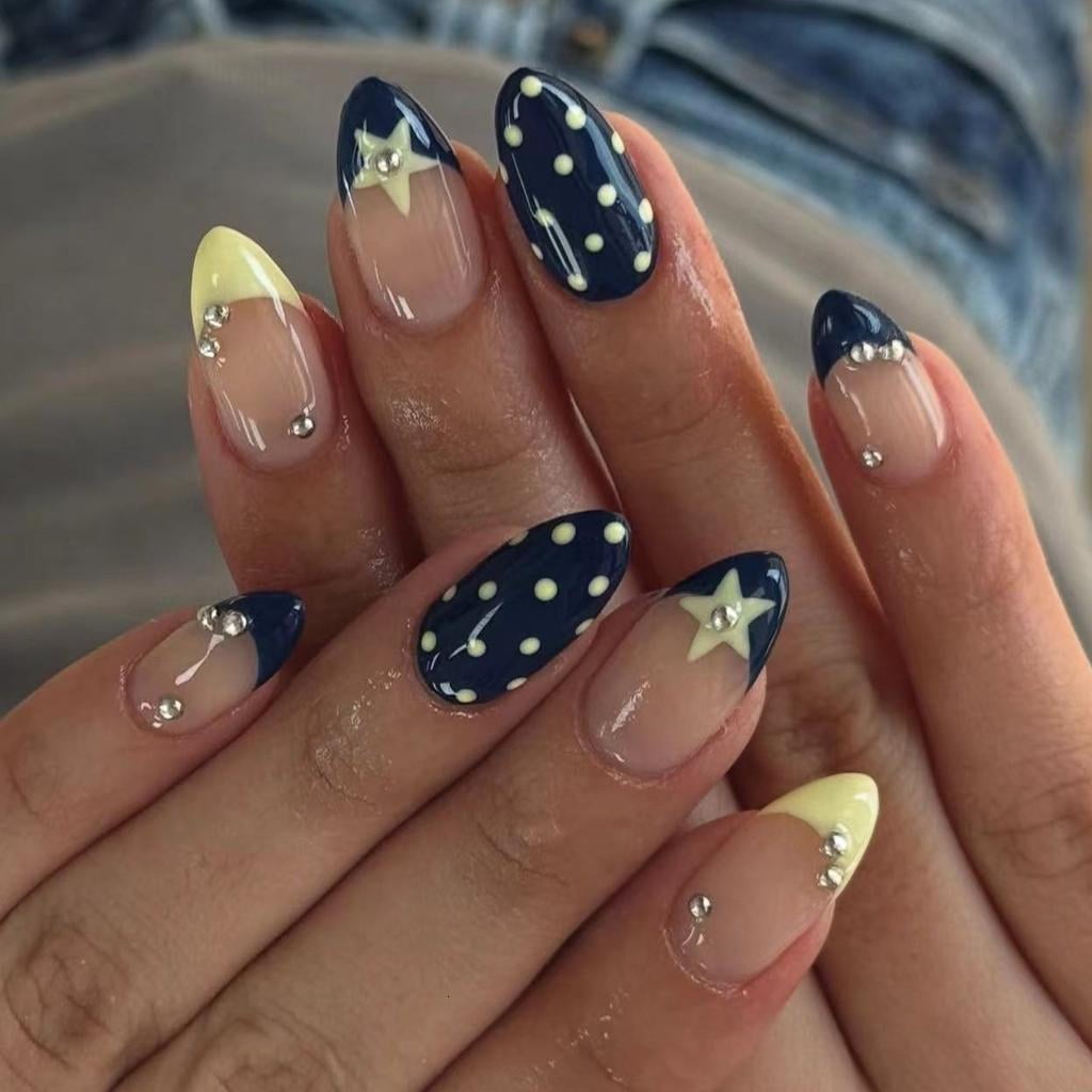 Elegant Press On Nail French Blue Yellow Stars Dot Design Comfortable ...