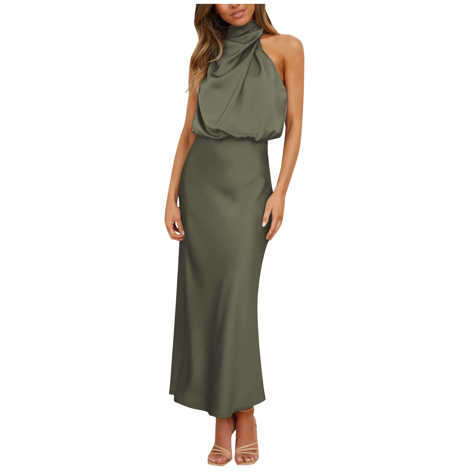 Elegant Pure Color Satin Sleeveless Dress Fashionable Women's Gown ...