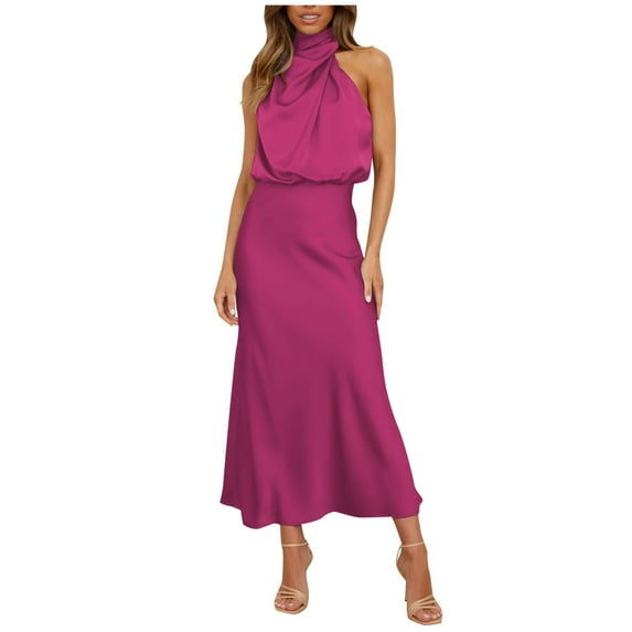 Elegant Pure Color Satin Sleeveless Dress Fashionable Women's Gown ...