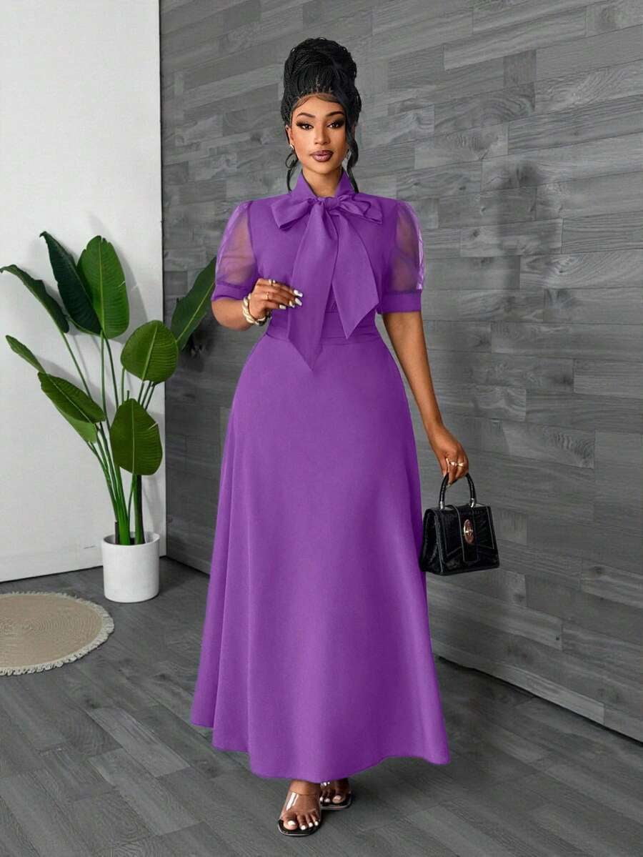 Elegant Purple A-Line Maxi Dress With Sheer Puff Sleeves And Bow Neck ...