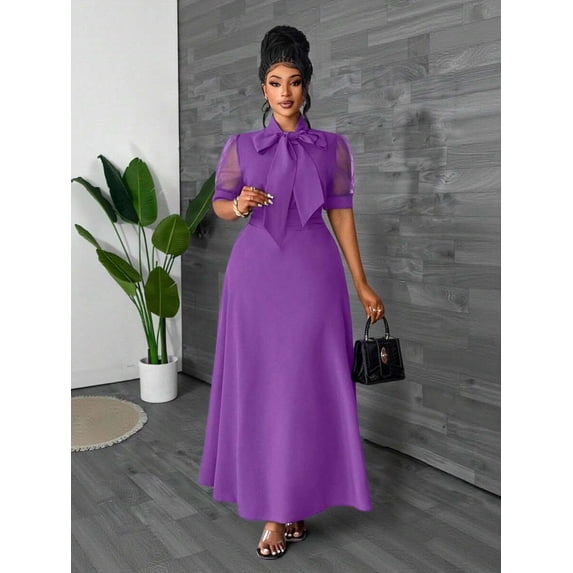 Elegant Purple A-Line Maxi Dress With Sheer Puff Sleeves And Bow Neck ...