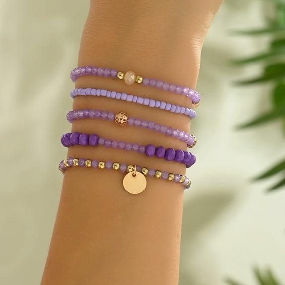 Elegant Purple Bracelet Set 5 Pieces Elastic Alloy Disc Pendant Crystal ...