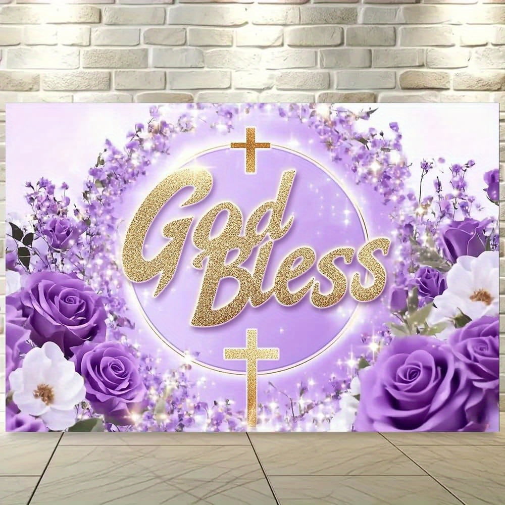 Elegant Purple Floral Baptism Backdrop with Golden Cross & "God Bless ...