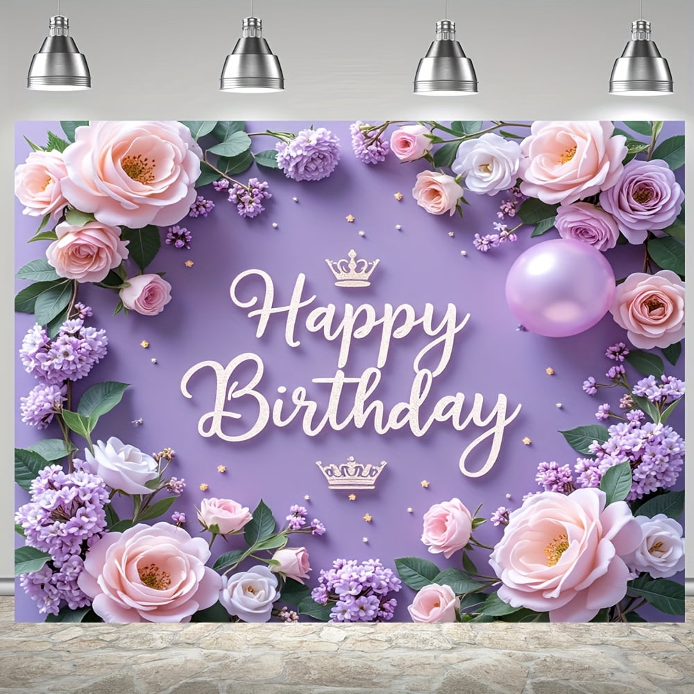 Elegant Purple Floral Happy Birthday Backdrop Roses Hydrangeas Pastel ...