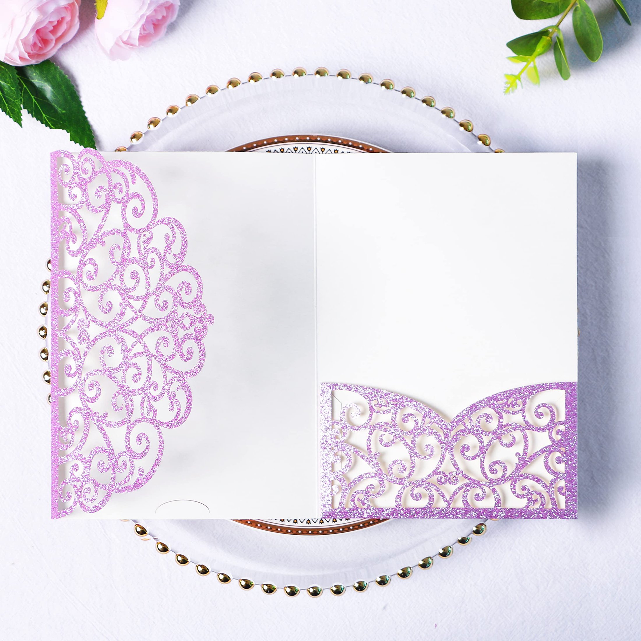 Elegant Purple Glitter Laser Cut Wedding Invitation Set with Envelopes ...