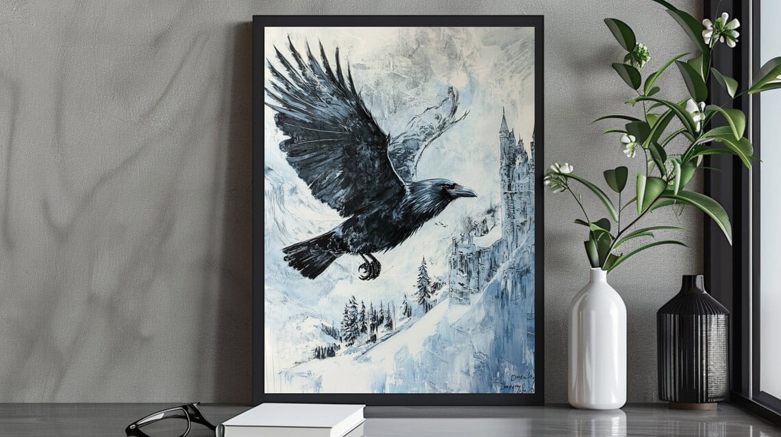 Elegant Raven In Flight Over Snowy Castle Art Print, Gothic Winter ...