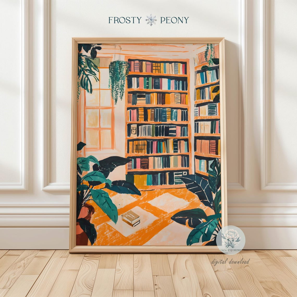 Elegant Reading Corner Art Print, Cozy Bookshelves And Plants Art Print ...