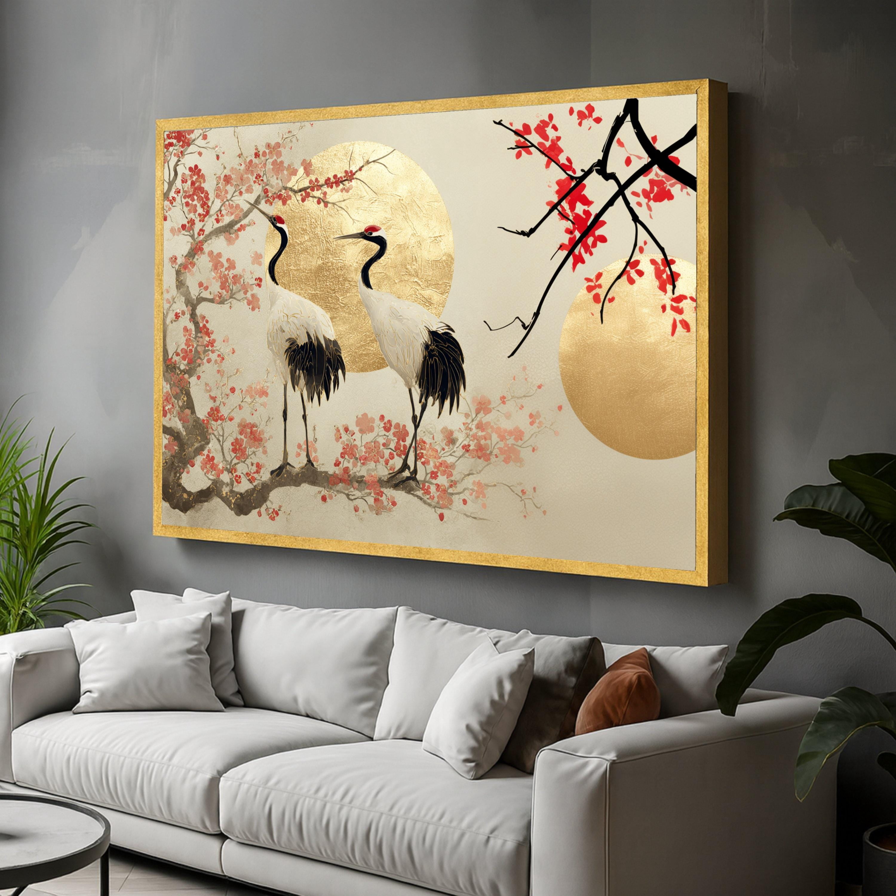Elegant Red Crowned Cranes, Japanese Cherry Blossom Wall Art, Gold Sun ...