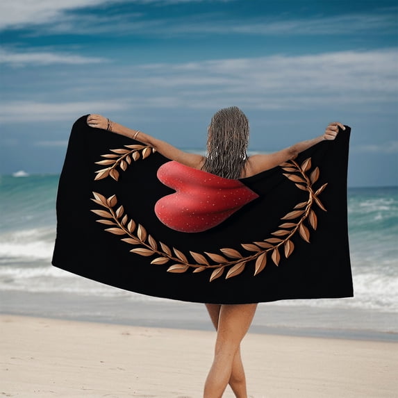 Elegant Red Heart Pattern Beach Towel with White Dots Surrounded by ...