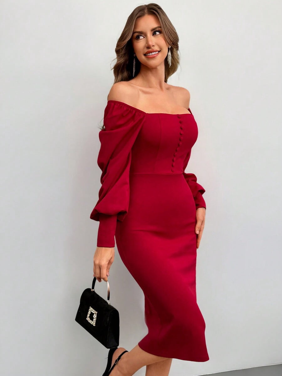 Elegant Red Off-Shoulder Puff Sleeve Midi Fitted Dress For Women ...