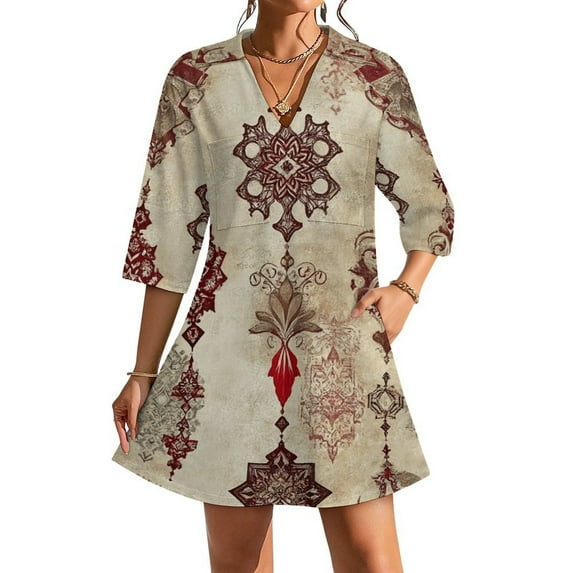 Elegant Red Ornate Pattern Design Womens Dress With Pockets Summer V ...