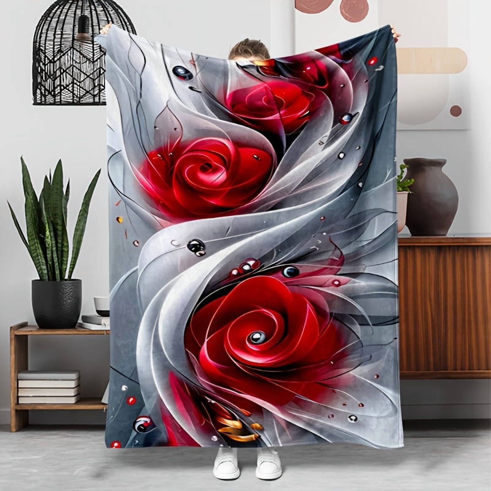 Elegant Red Rose Pattern Flannel Throw Blanket Soft Cozy and Stylish ...