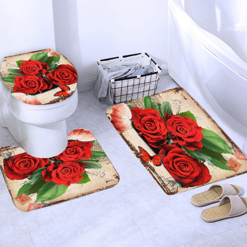 Elegant Red Rose Shower Curtain Sets With Rugs Toilet Lid Cover Bath ...