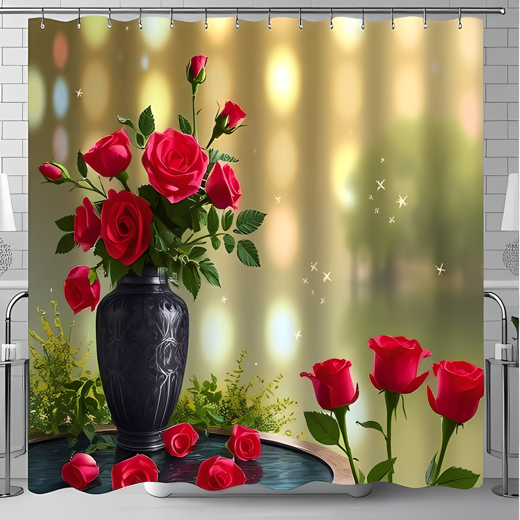Elegant Red Roses Shower Curtain with Dark Ornate & Gold Bokeh ...