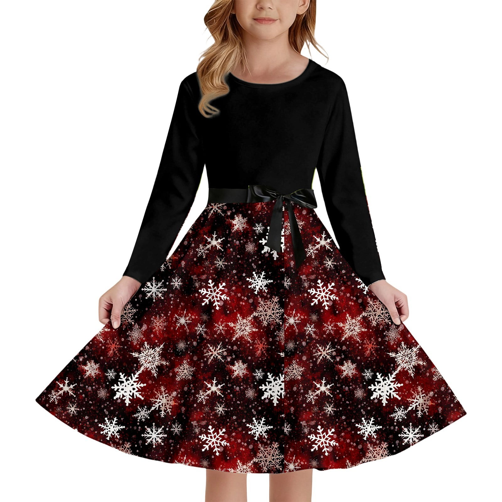 Elegant Red Snowflake Print Party Dress with Black Bodice, Long Sleeves ...