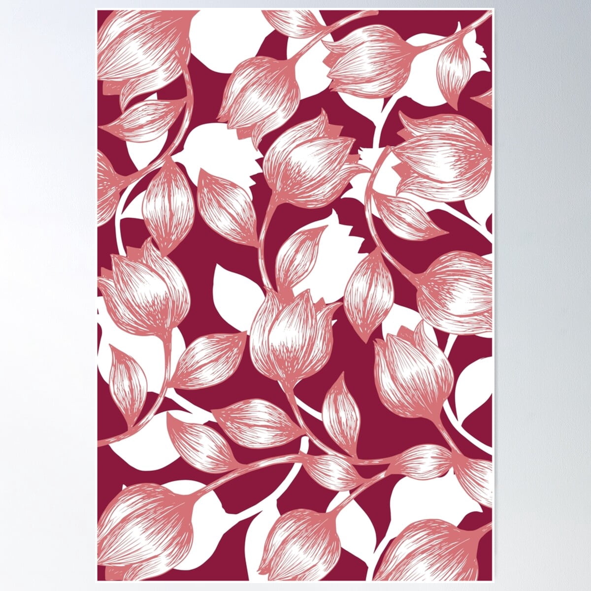 Elegant Red Tulip Silhouette Floral Pattern Ii Poster Wall Art, Modern ...