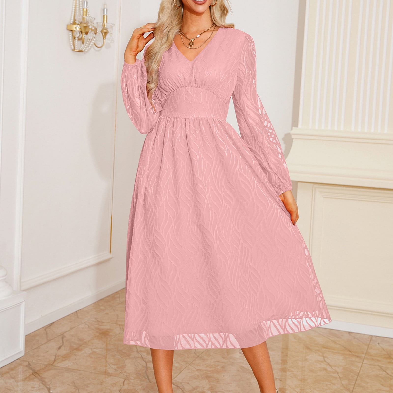 Elegant Red V-Neck Long Sleeve Midi Dress for Women Chic Evening Party ...