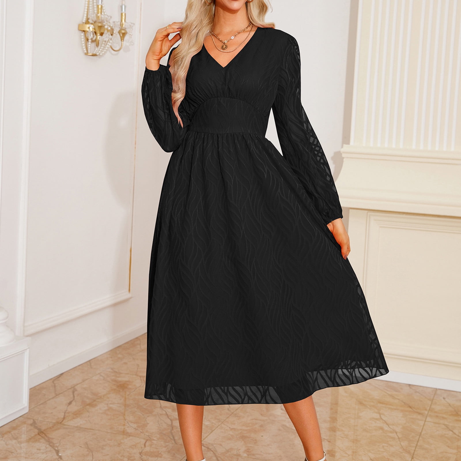 Elegant Red V-Neck Long Sleeve Midi Dress for Women Chic Evening Party ...