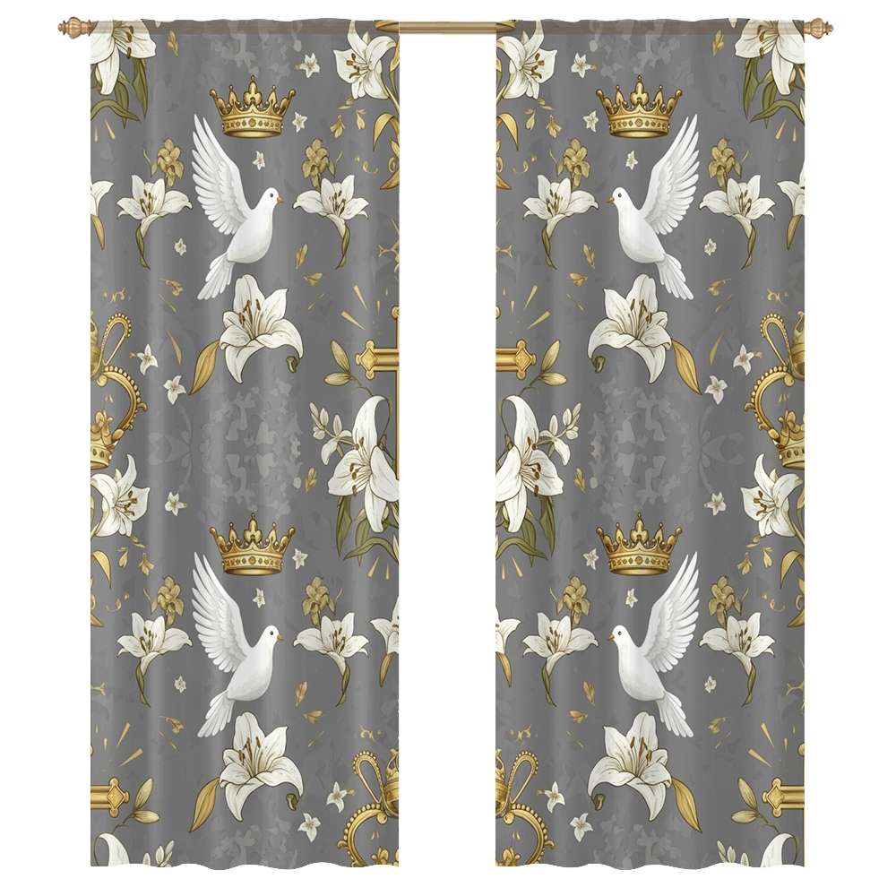 Elegant Regal Doves Lilies Cross Crowns Sheer Window Curtains for ...