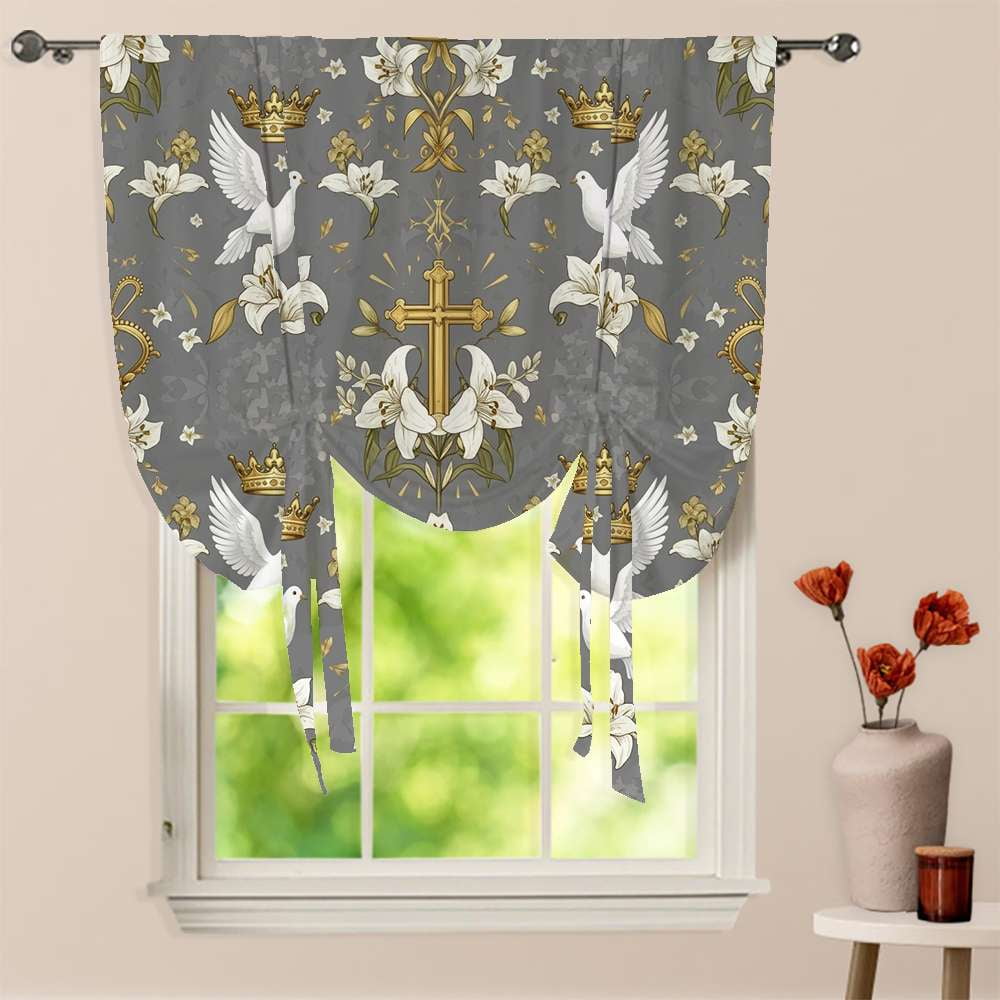 Elegant Regal Doves Lilies Cross Crowns Window Curtain for Living Room Roman Curtain Kitchen Tie ...