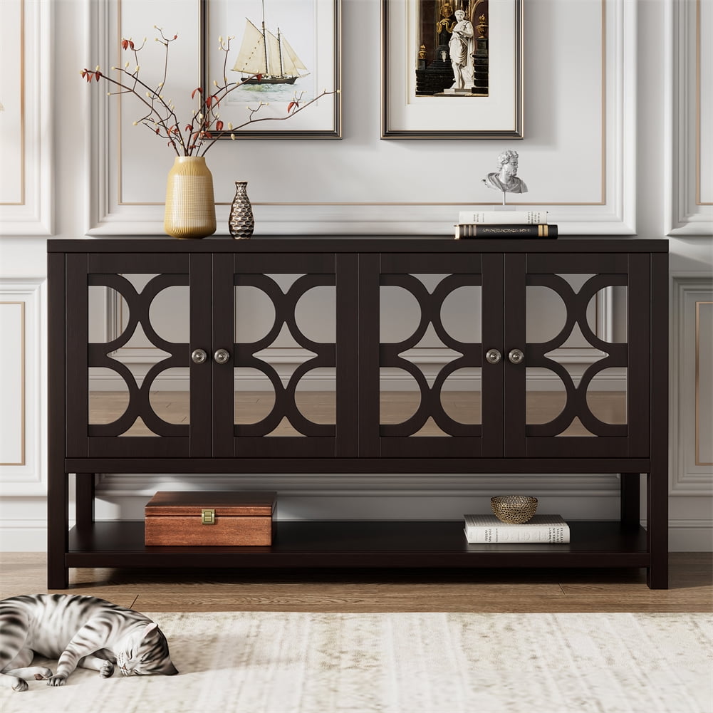 Elegant Retro Console Table Sideboard with 4 Mirrored Doors Acacia Wood ...