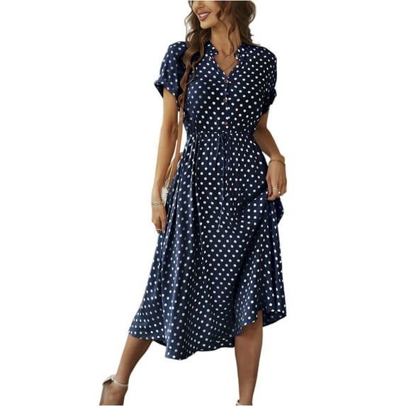 Elegant Retro Polka Dot Dress Women's Summer Midi Dress V Neck Single ...