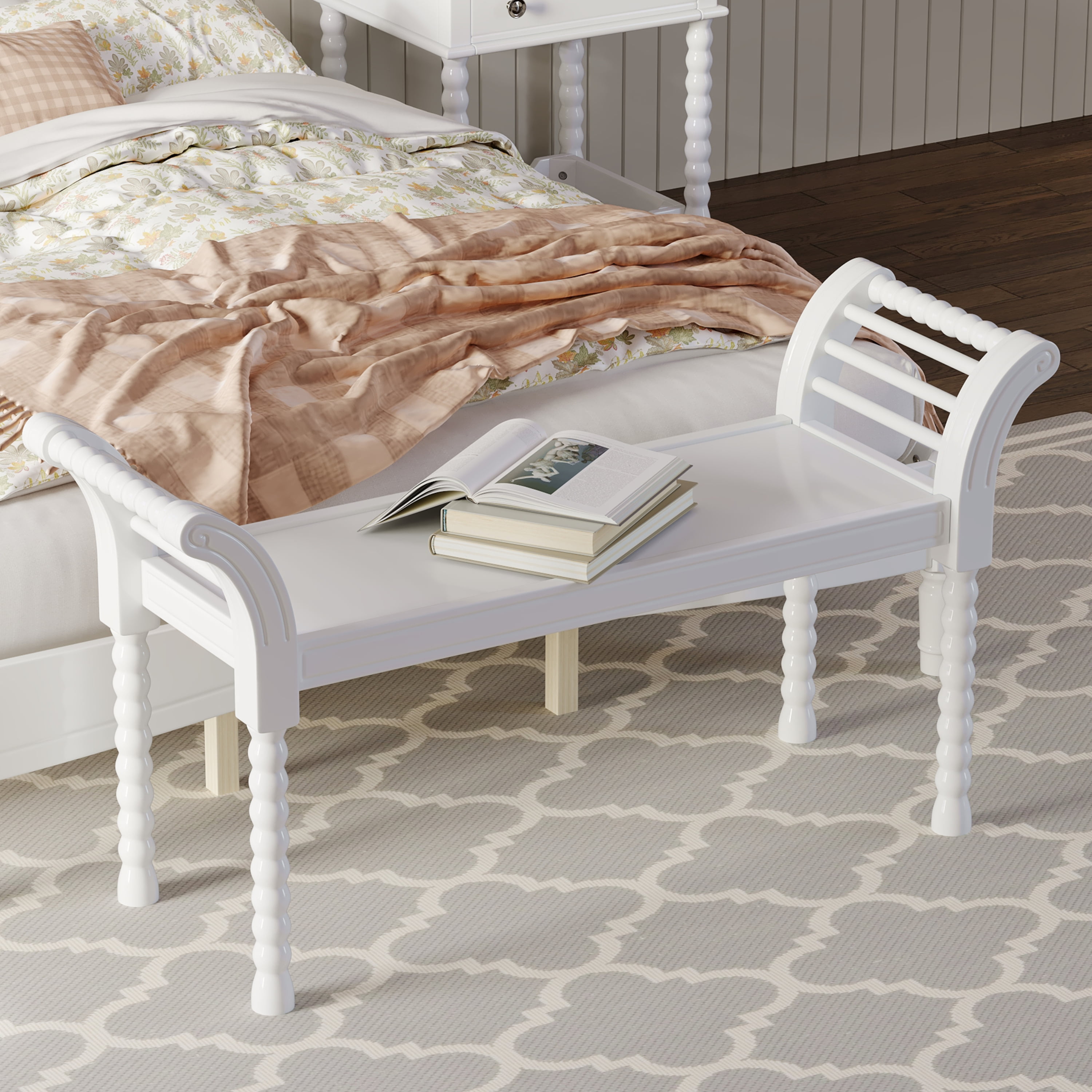 Elegant Retro Style Bench with Turned Legs, Bed End Bench for Bedroom ...