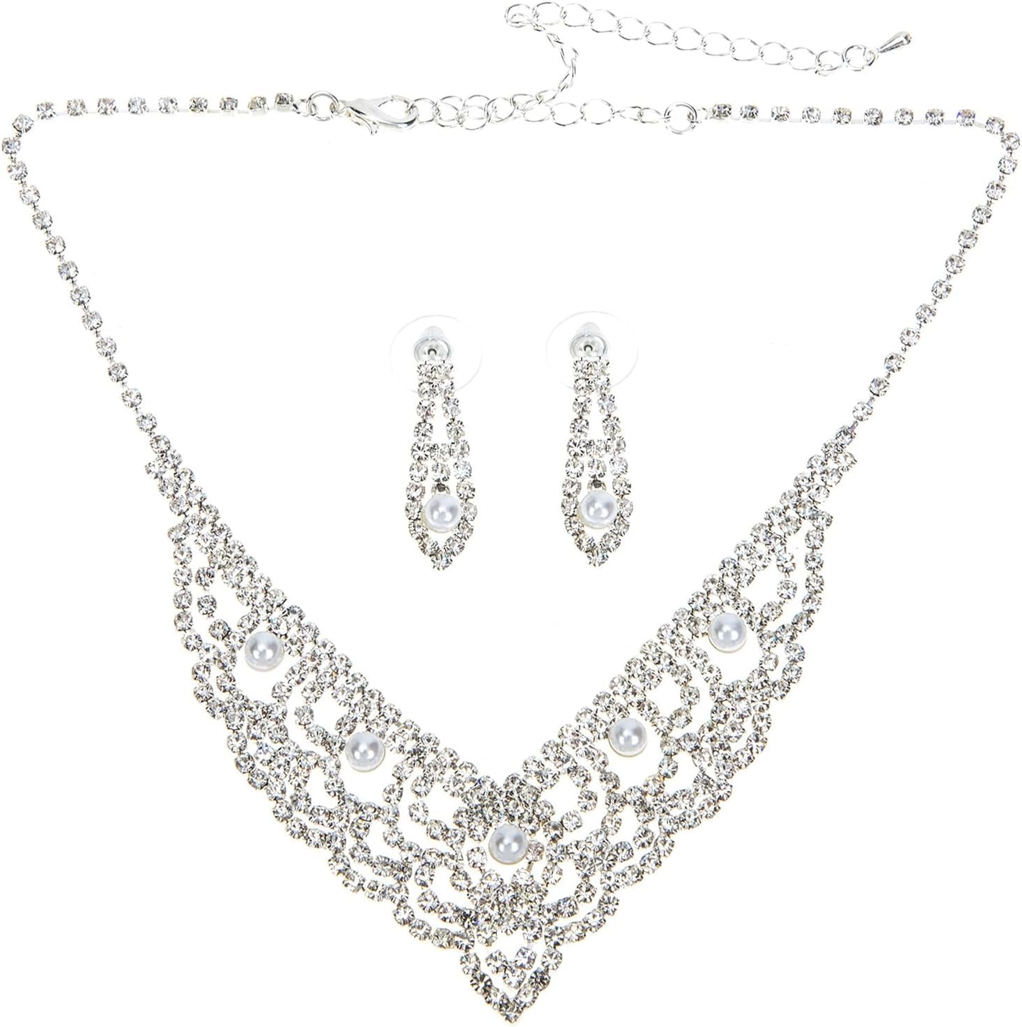 Elegant Rhinestone Choker and Pearl Necklace Earrings Set for Women ...