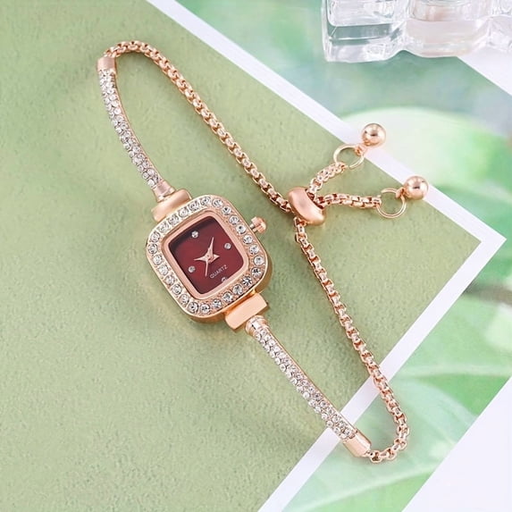 Elegant Rhinestone Square Women's Watch - Pink Dial, Adjustable Alloy ...