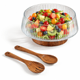 Elegant Ribbed 121oz Large Glass Salad Serving Set with Wood Stand and ...