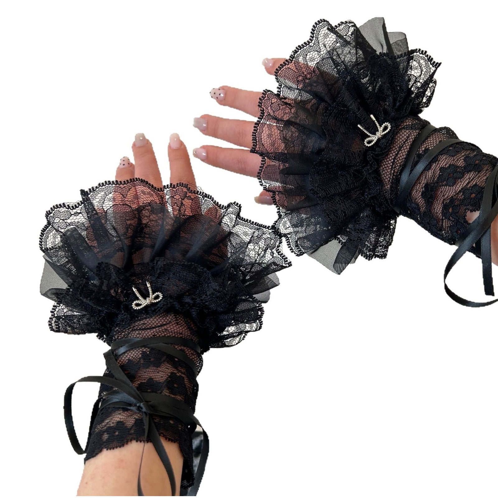 Elegant Ribbon Lace Wrist Cuffs False Sleeves Bowknot Jabot Costume ...