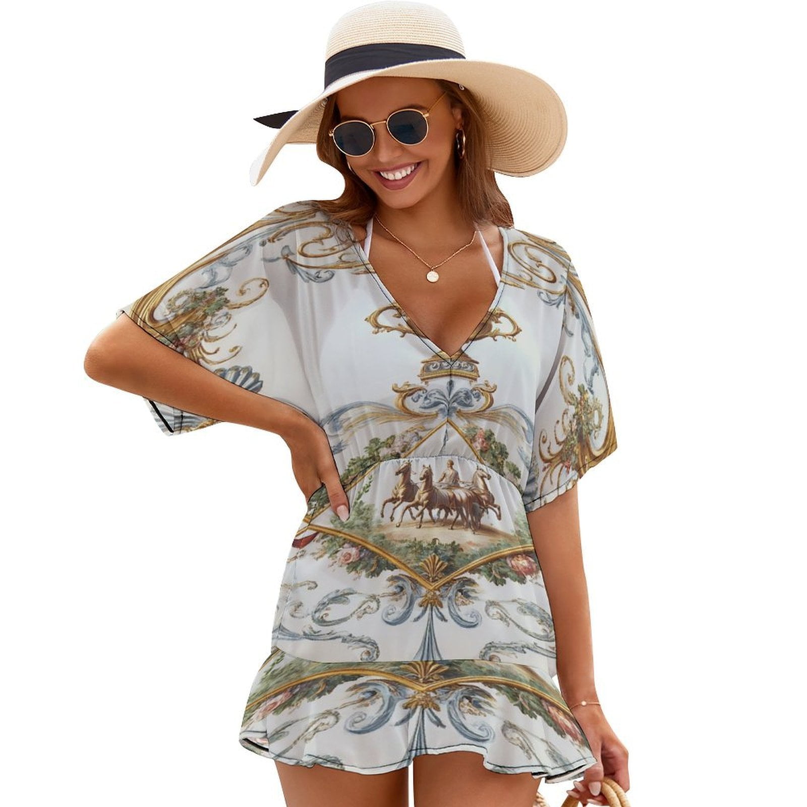 Elegant Rococo Design Gold Ornate Beach Cover Ups Women V Neck Short ...