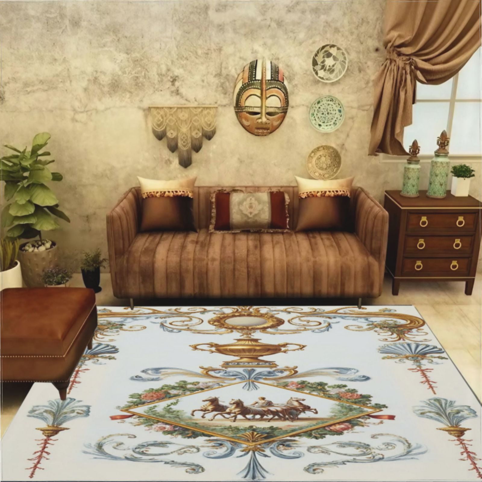 Elegant Rococo Gold Ornate Light Luxury Retro Carpet Large Size Living ...