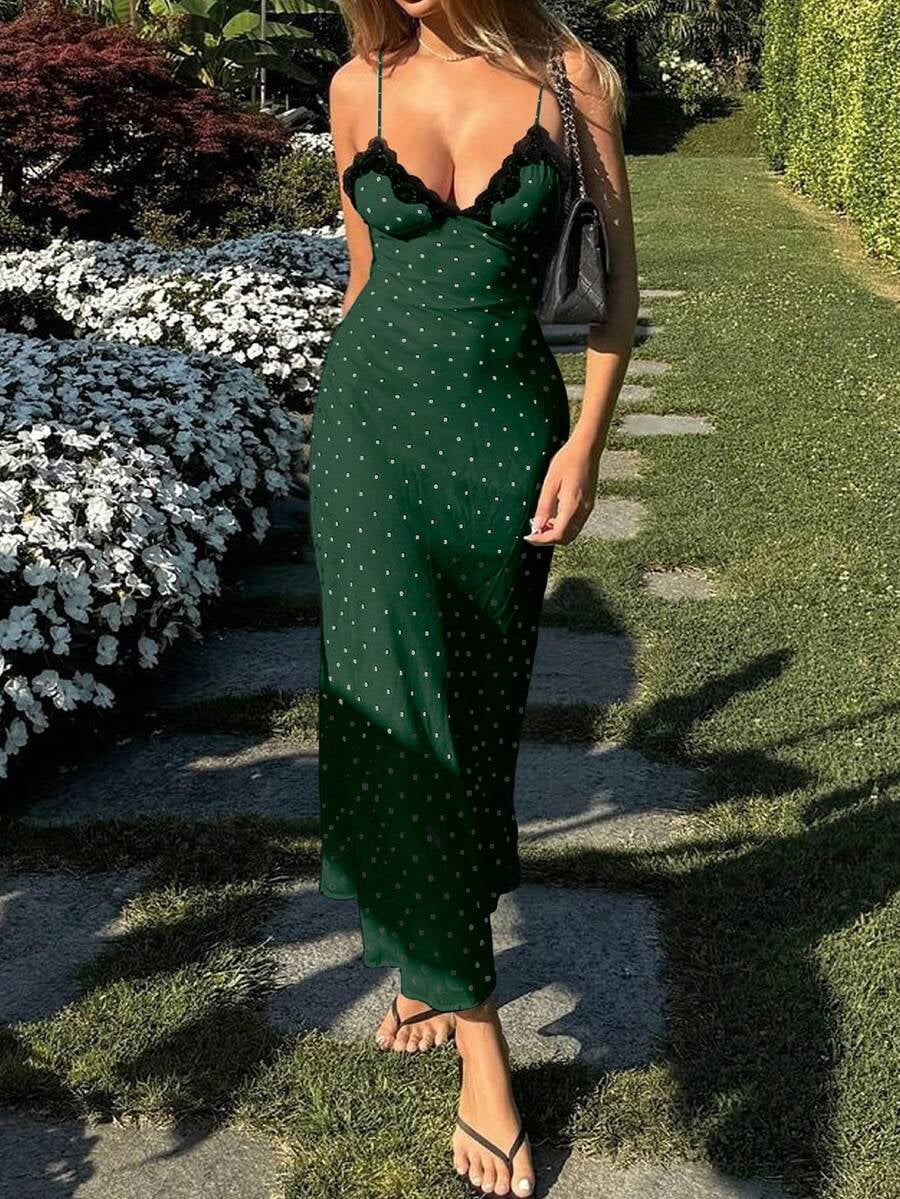 Elegant Romantic A-Line Satin Polka Dot Print Maxi Dress, Lace ...