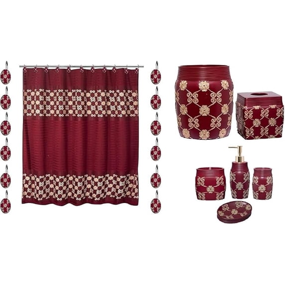 Elegant Rose Burgundy and Gold 8 Piece Shower Curtain and Resin ...